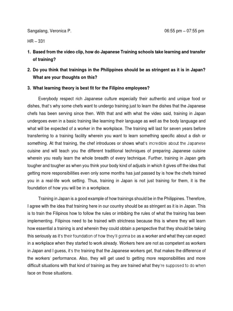 Sangalang, Veronica P. - Assignment Module 4 - Learning and Transfer of Training | PDF | Japan ...