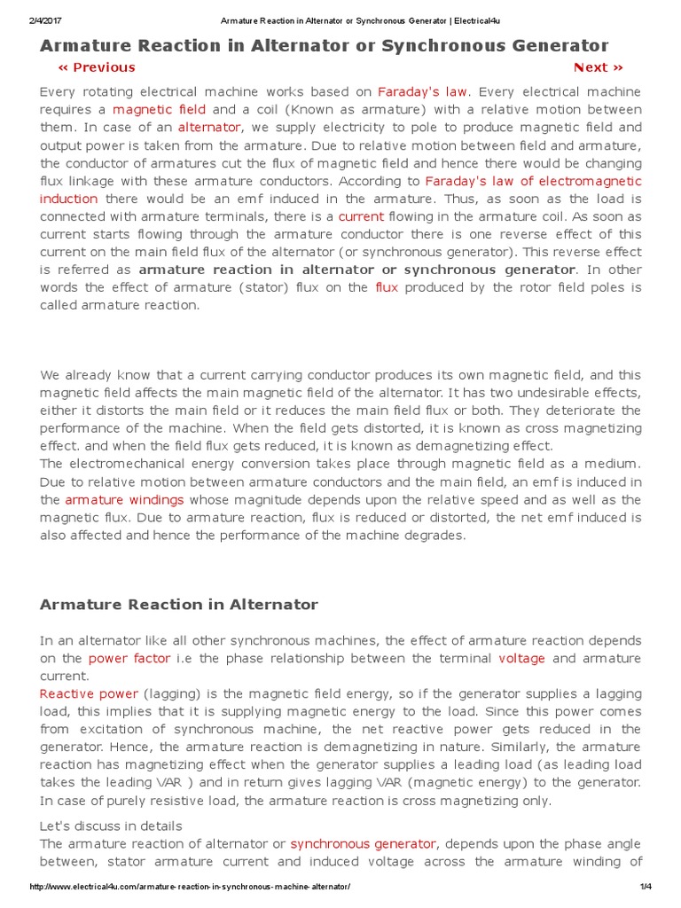 Armature Reaction in Alternators | PDF