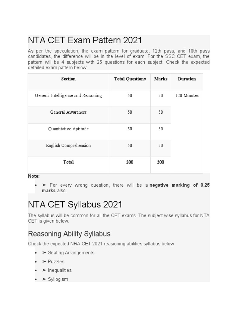 NTA CET Exam Pattern 2021 | PDF | Test (Assessment) | Cognition