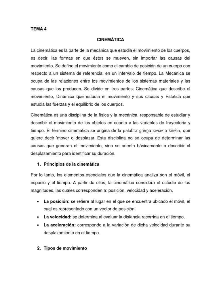 Tema 4 Cinematica PDF | PDF | Cinemática | Velocidad