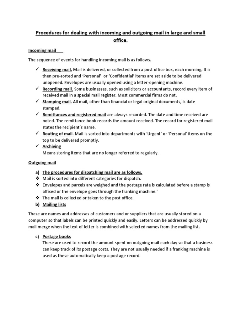 Procedures For Dealing With Incoming and Outgoing Mail in Large and ...