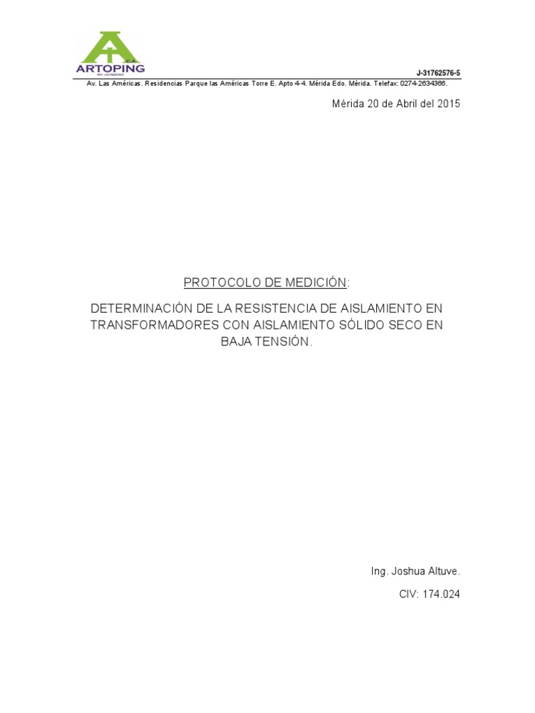 Protocolo de Medición de Resistencia de Aislamiento Transformadores Con Aislamiento Seco | PDF ...