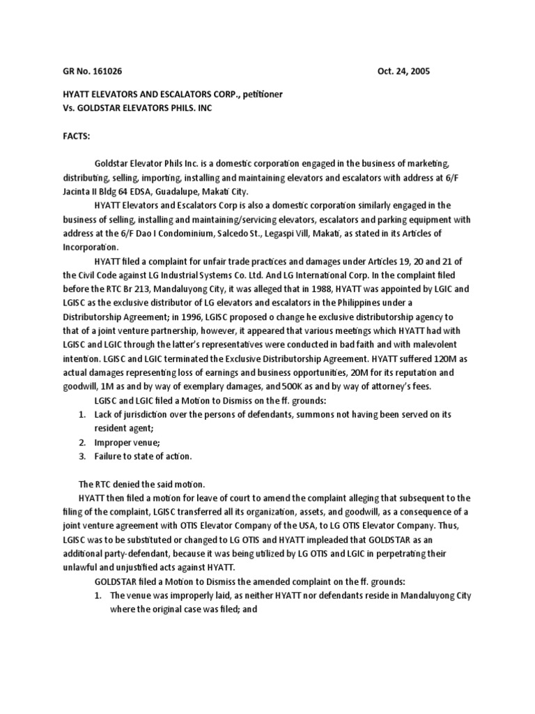 Hyatt vs. Goldstar: Venue Dispute Ruling | PDF | Complaint | Lawsuit