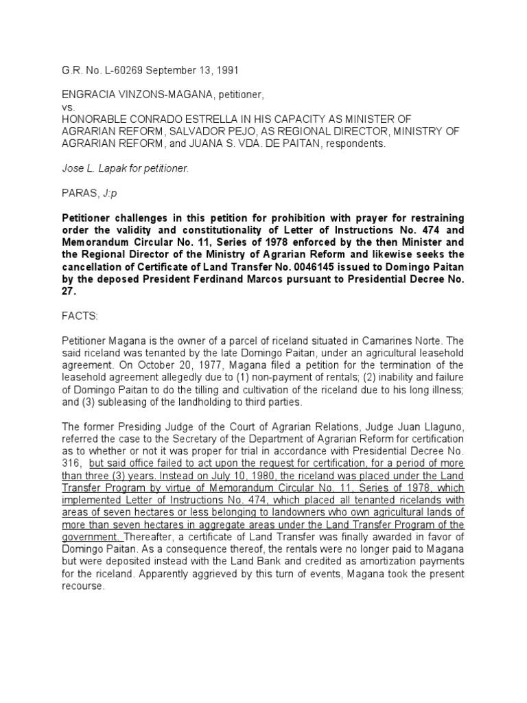 Vinzons-Magana Vs Estrella | PDF | Just Compensation | Lease