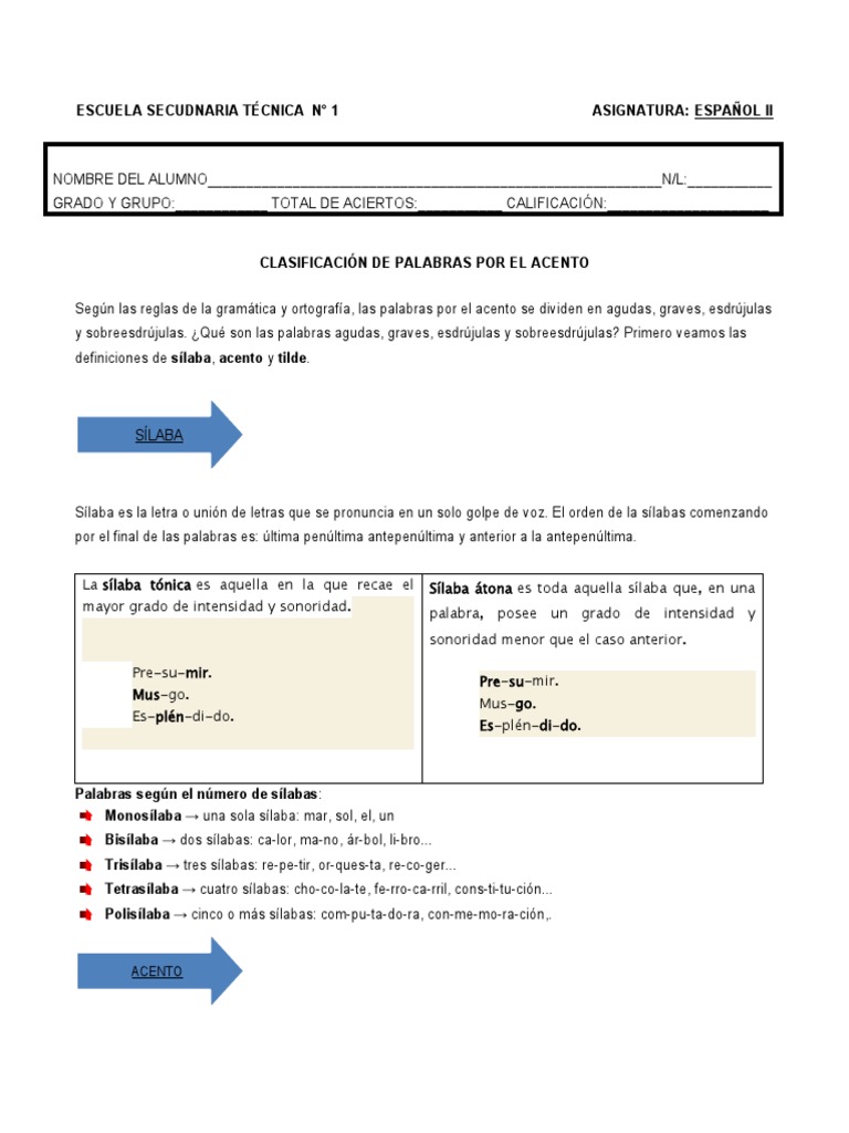 Clasificación de Palabras por Acento | PDF | Estrés (lingüística ...