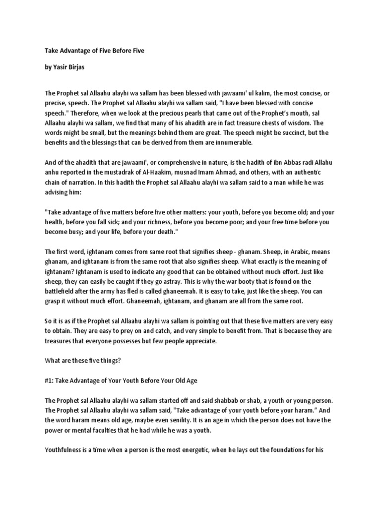 Take Advantage of Five Before Five | PDF | Hadith | Semitic Words And Phrases