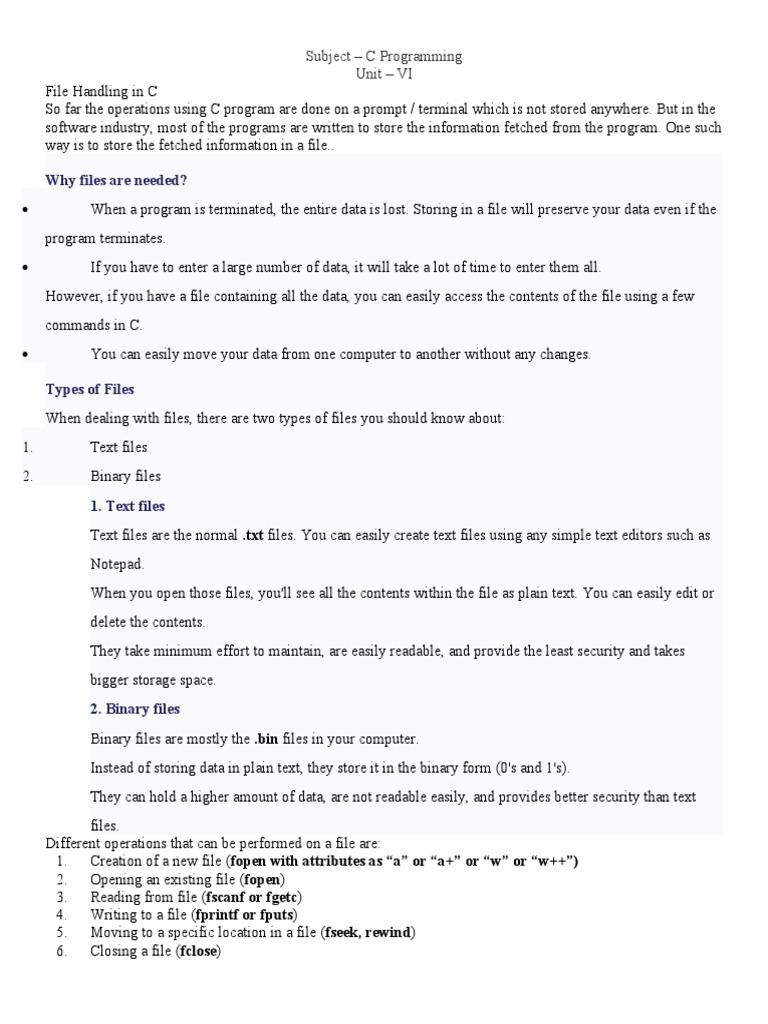 Why Files Are Needed?: Subject - C Programming Unit - VI | Download Free PDF | Computer File ...