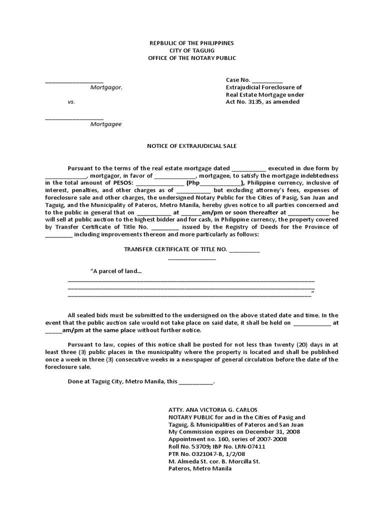 Notice of Extrajudicial Sale | Download Free PDF | Mortgage Law | Foreclosure