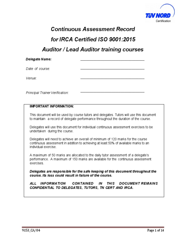 Continuous Assessment Record For IRCA Certified ISO 9001:2015 Auditor ...