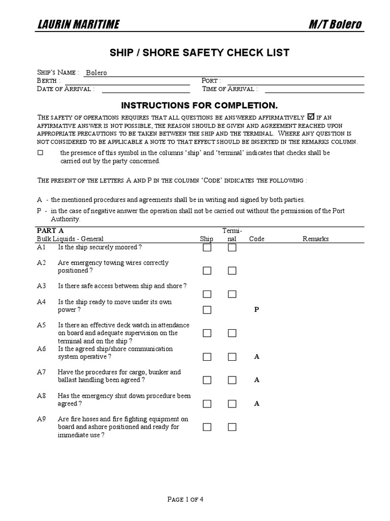 Laurin Maritime M/T Bolero: Ship / Shore Safety Check List | PDF | Oil ...