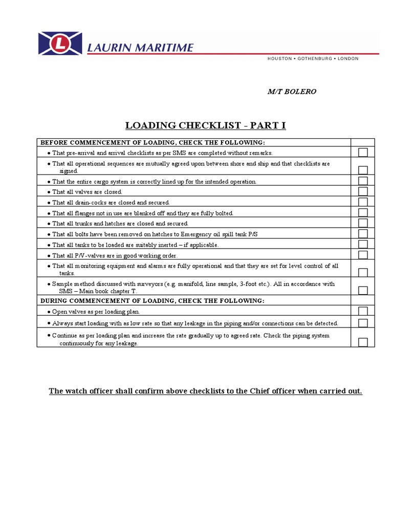 LOADING CHECKLIST PART I&II and Ballast | PDF | Valve | Ships