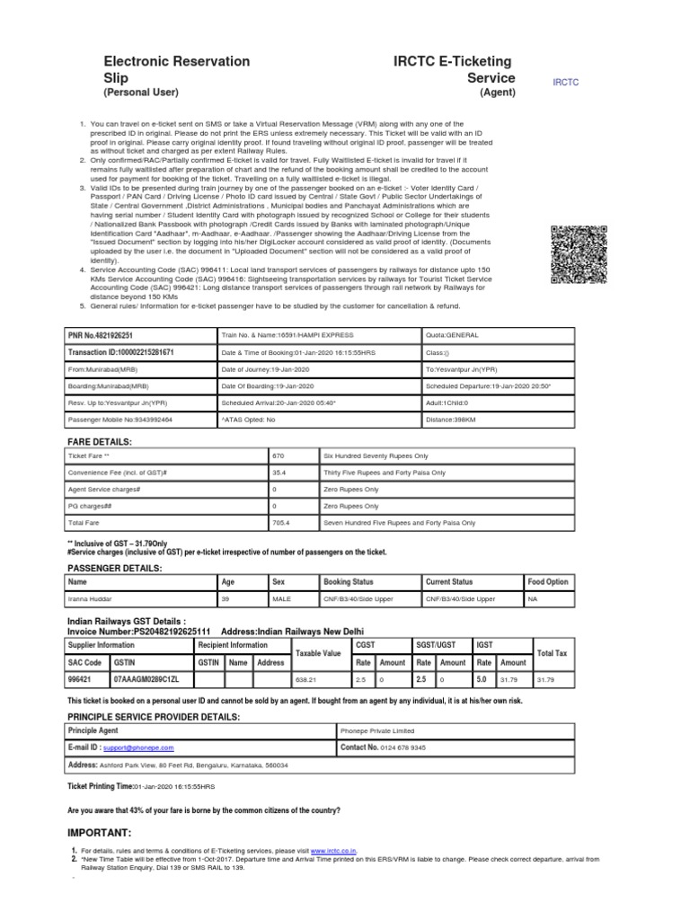 Electronic Reservation Slip IRCTC E-Ticketing Service: (Personal User ...