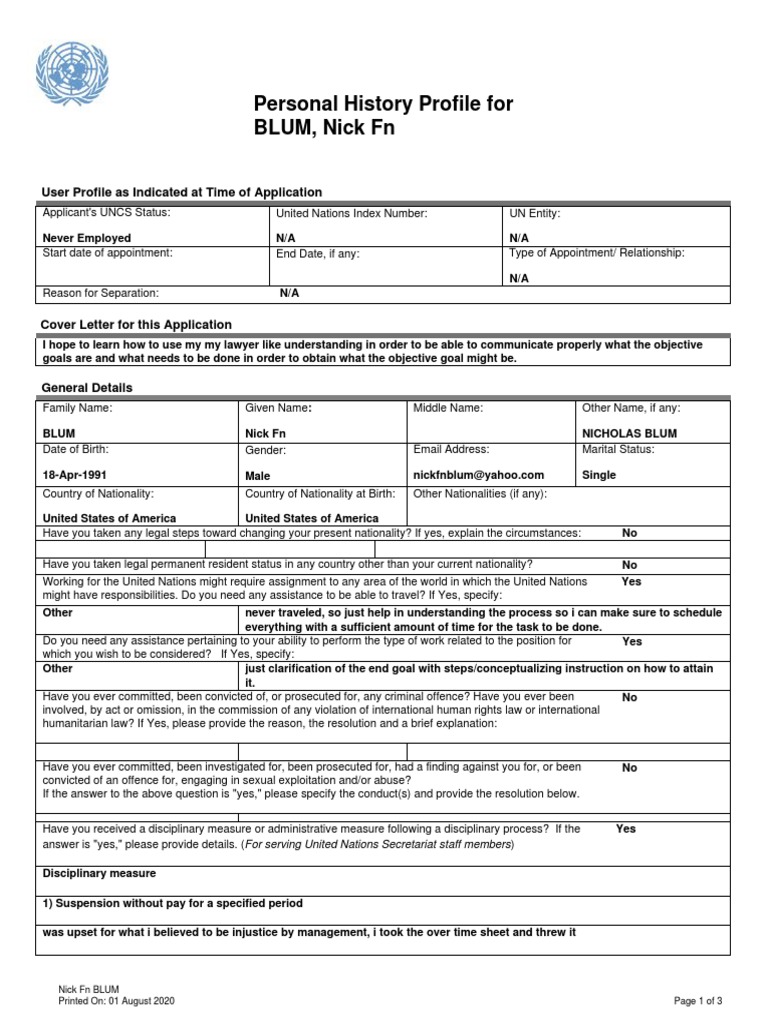Personal History Profile for BLUM, Nick Fn | PDF | Academic Degree ...