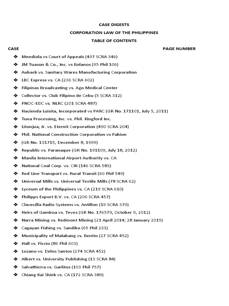 Case Digests Corporation Law of The Philippines Case Page Number | PDF ...