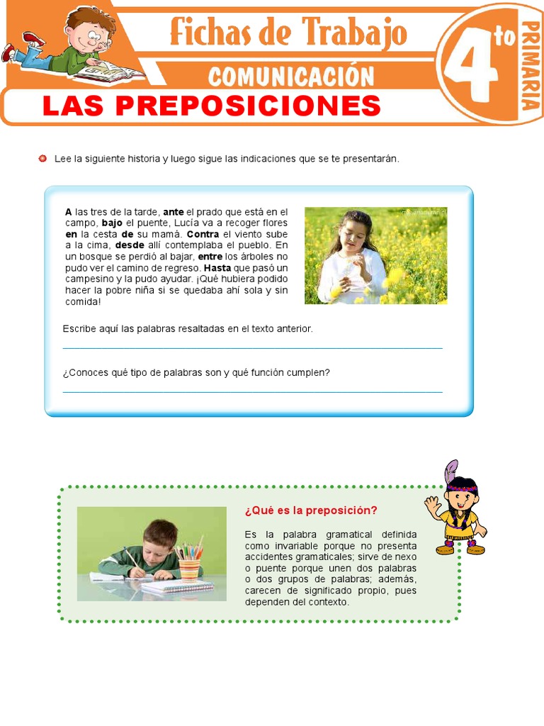 Las Preposiciones para Cuarto Grado de Primaria PDF | PDF | Preposición ...