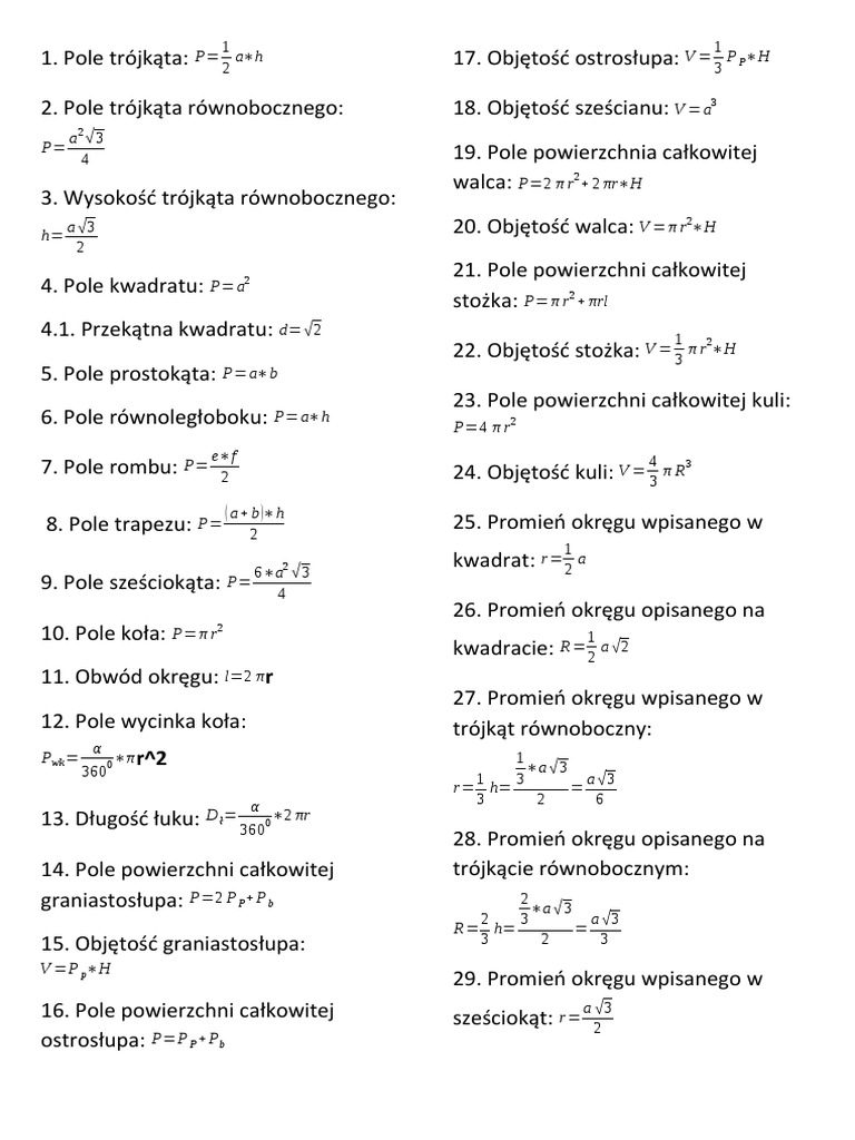 Matematyka Wzory Gimnazjum | PDF