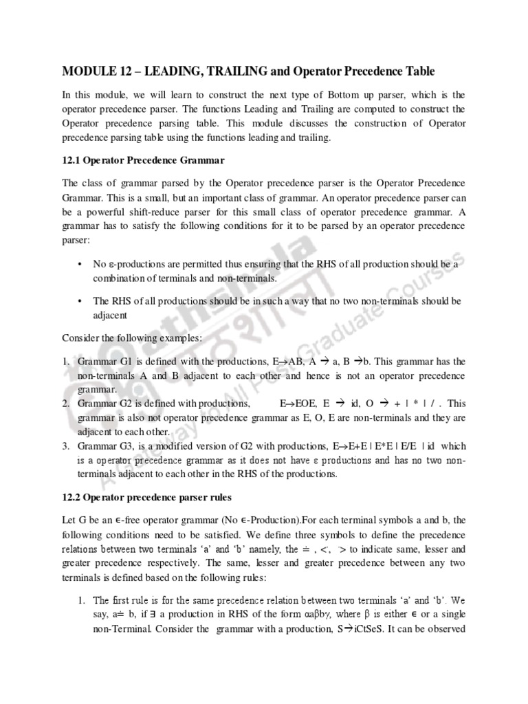 Leading, Trailing and Operator Precedence Parsing Table | PDF | Parsing ...