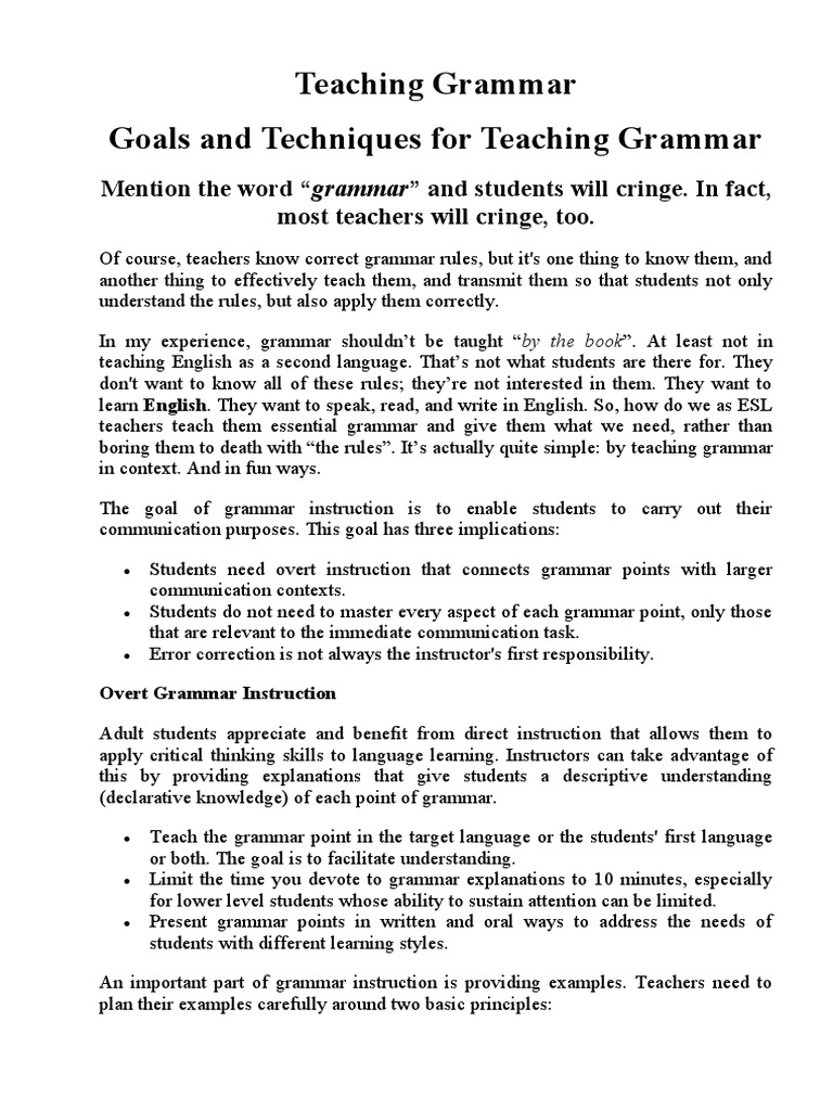 Teaching Grammar Goals and Techniques For Teaching Grammar | PDF ...