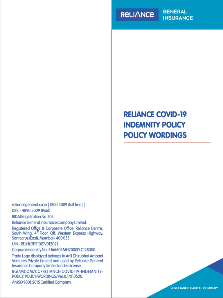Reliance Covid 19 Indemnity Policy Wordings 21 05 20 Pdf Pdf