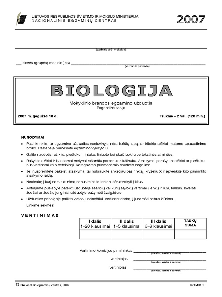 89 Uzduotys 2007 MBE Biologija | PDF