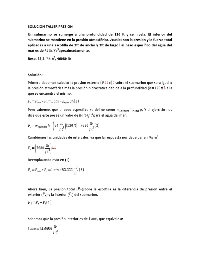 Solucion Taller Presion Pdf Submarinos Presión