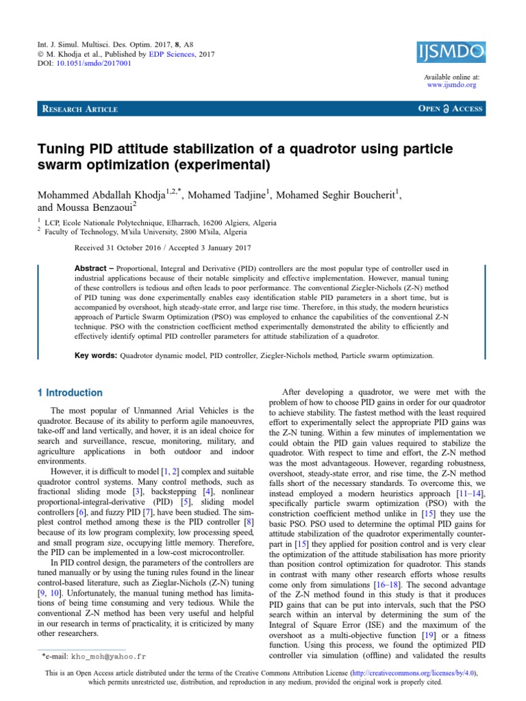 Tuning PID Attitude Stabilization of A Quadrotor Using Particle Swarm Optimization (Experimental ...