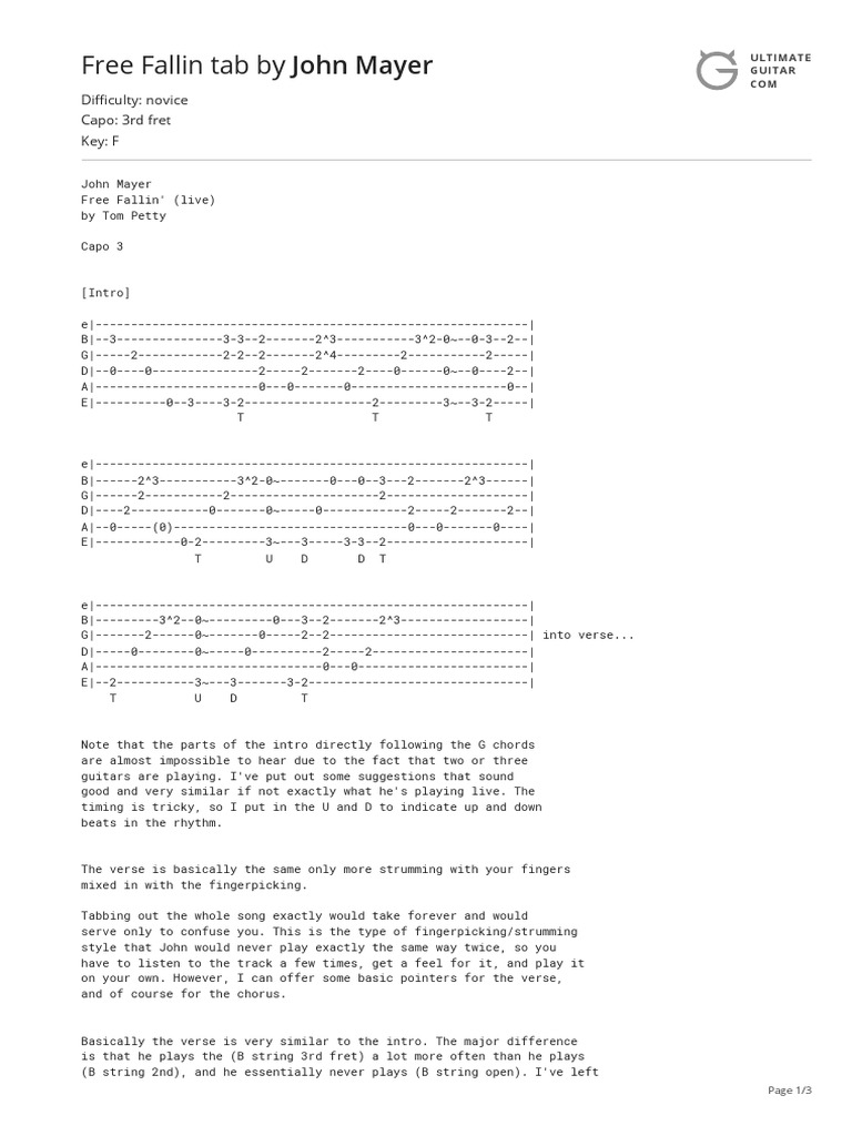 Free Fallin Tab (Ver 2) by John Mayertabs at Ultimate Guitar Archive ...