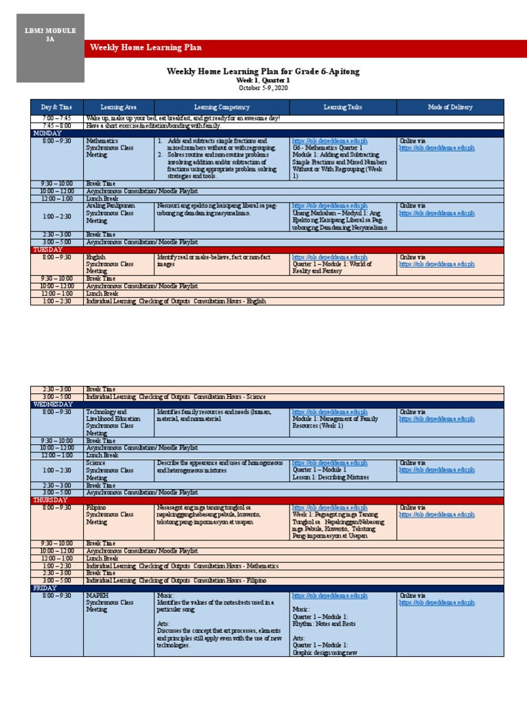 Weekly Home Learning Plan Sample | PDF | Learning | Cognition