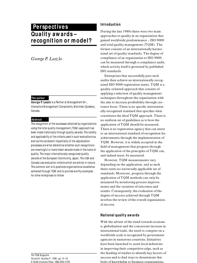 Quality Awards - Recognition or Model?: Perspectives | PDF | Quality ...