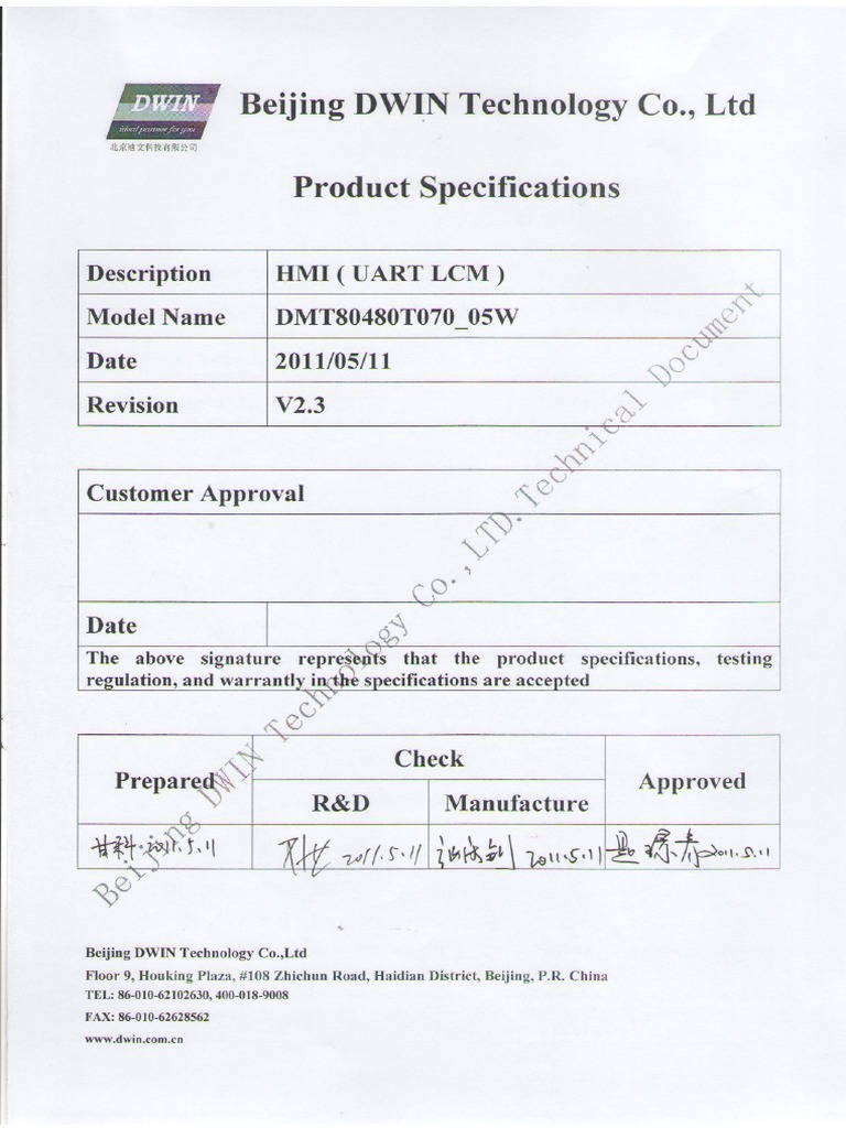 DWIN Technology Co., Ltd. Data Sheet for the DMT80480T070_05W 7.0-Inch, 800x480 Color TFT HMI ...
