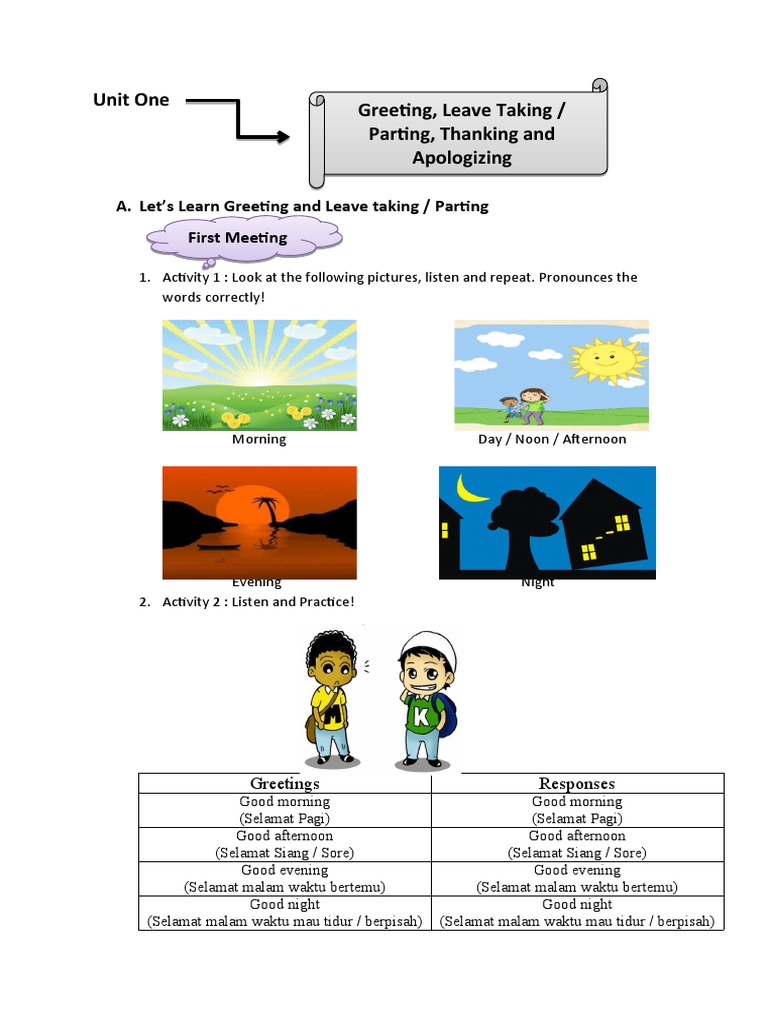 Unit One Greeting, Leave Taking / Parting, Thanking and Apologizing | PDF
