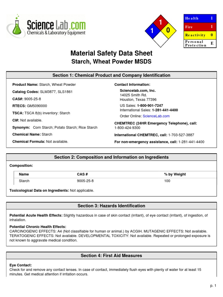 Starch, Wheat Powder MSDS: Section 1: Chemical Product and Company ...