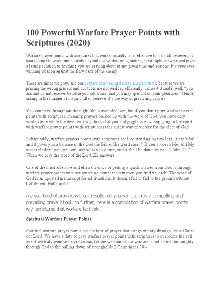 100 Powerful Warfare Prayer Points With Scriptures | PDF | Prayer | God