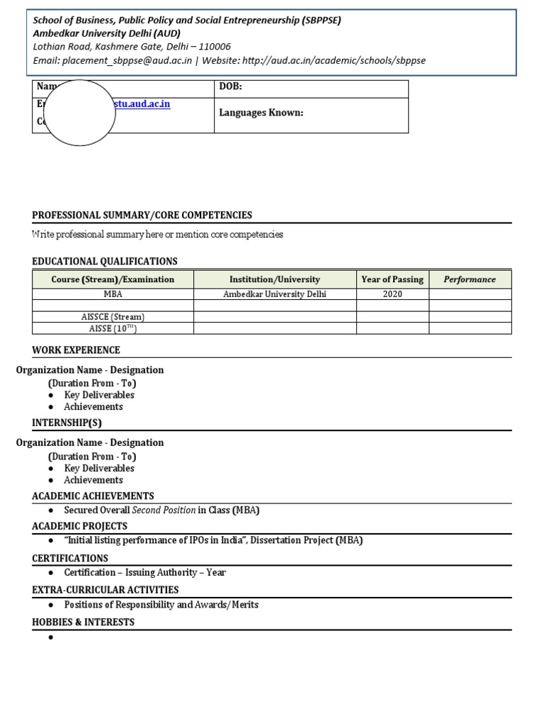 Lothian Road, Kashmere Gate, Delhi - 110006 Email: Placement - Sbppse ...