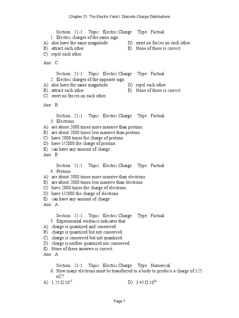 Chapter 21: The Electric Field I: Discrete Charge Distributions | PDF ...