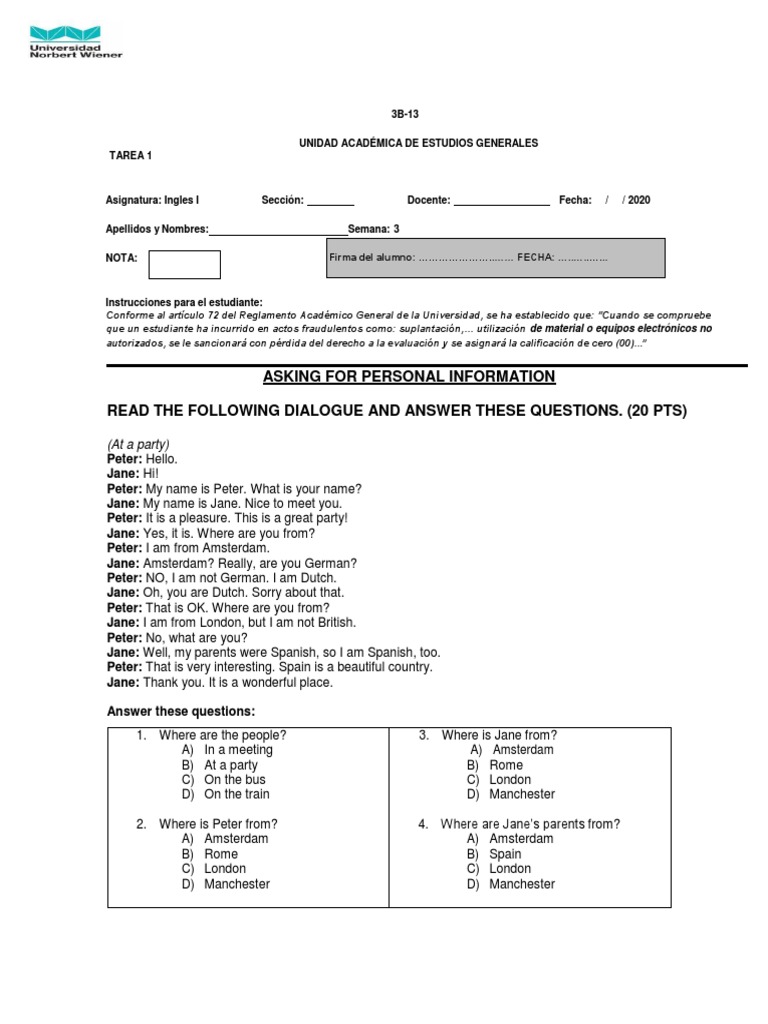 Asking For Personal Information Read The Following Dialogue and Answer ...