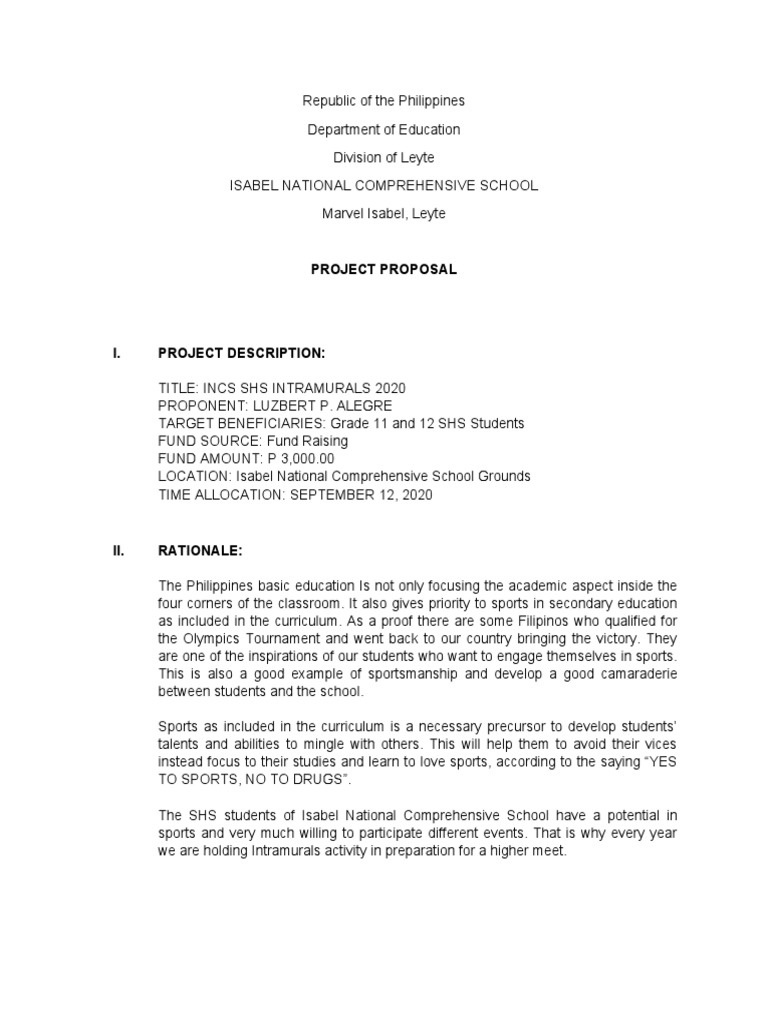 SHS Intramurals 2020 Project Proposal | PDF | Sports | Curriculum