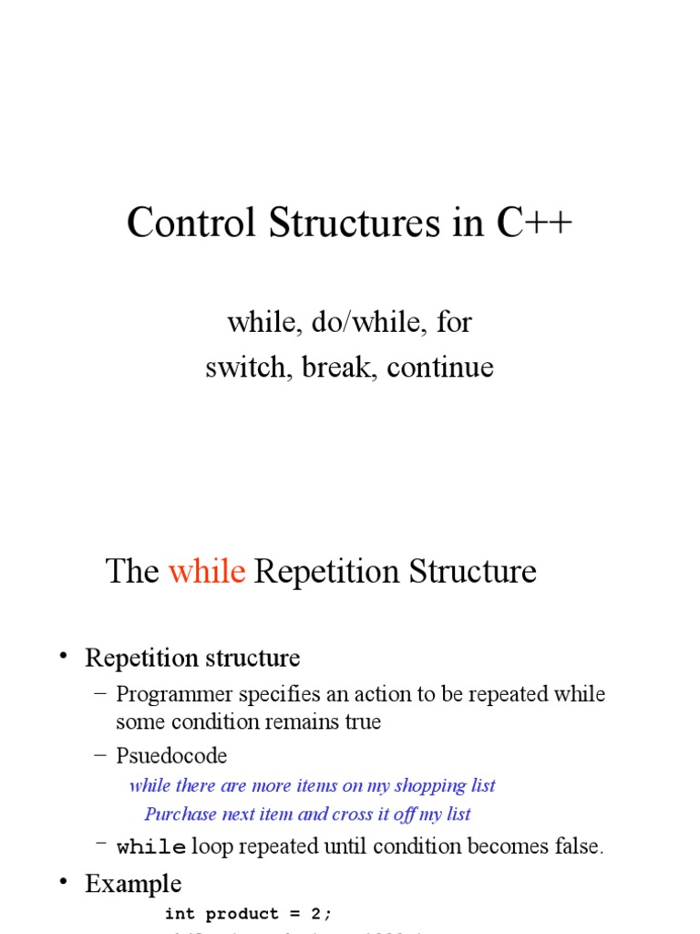 Control Structures in C++: While, Do/while, For Switch, Break, Continue | Download Free PDF ...