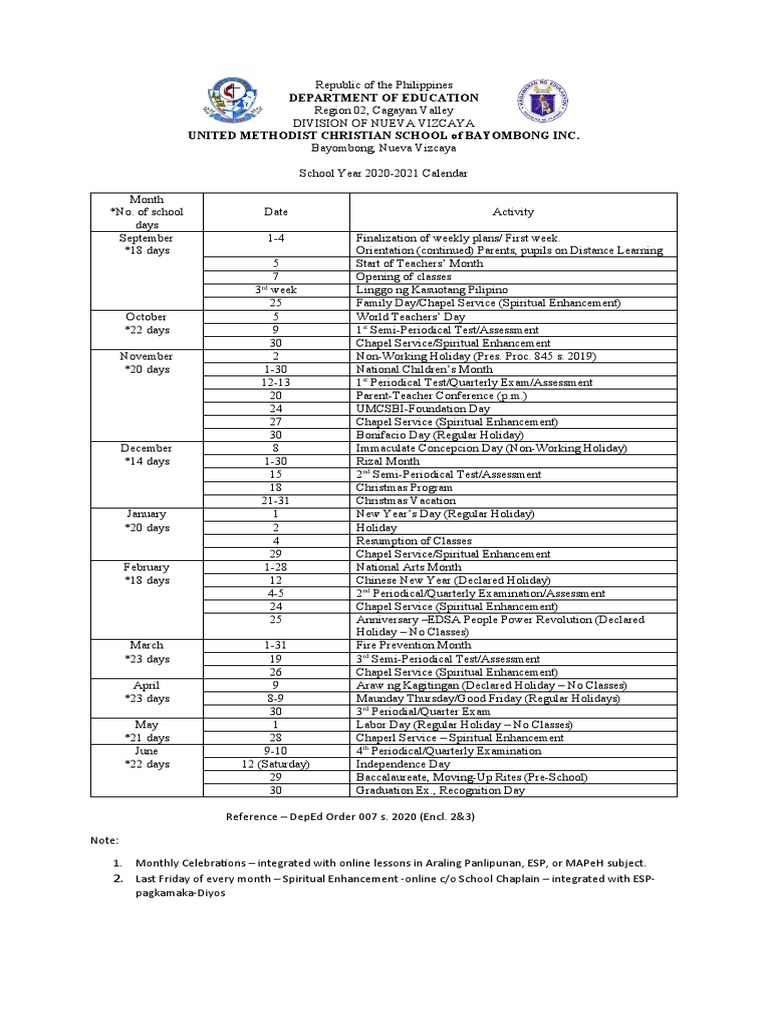 School Year 2020-2021 Calendar for United Methodist Christian School of Bayombong Inc. Outlining ...