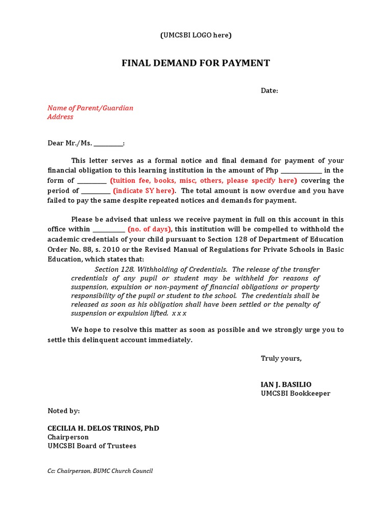 Final Demand For Payment: Name of Parent/Guardian Address | PDF
