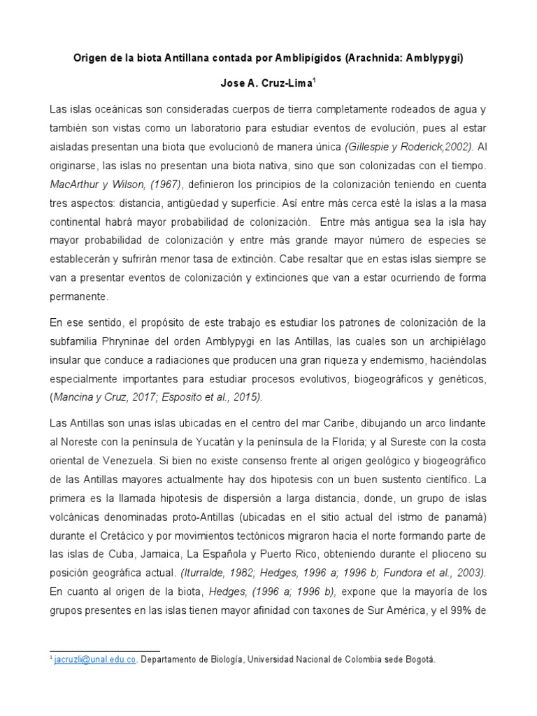 Origen de La Biota Antillana Contada Por Amblipígidos (Arachnida ...