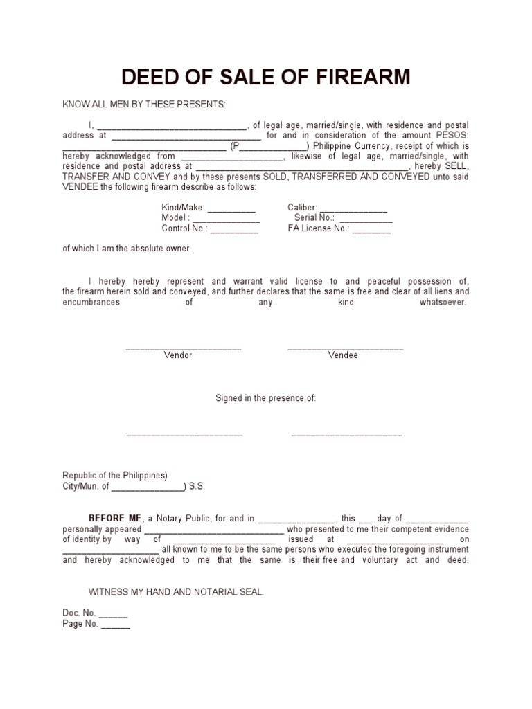 Deed of Sale of Firearm: BEFORE ME, A Notary Public, For and in ...