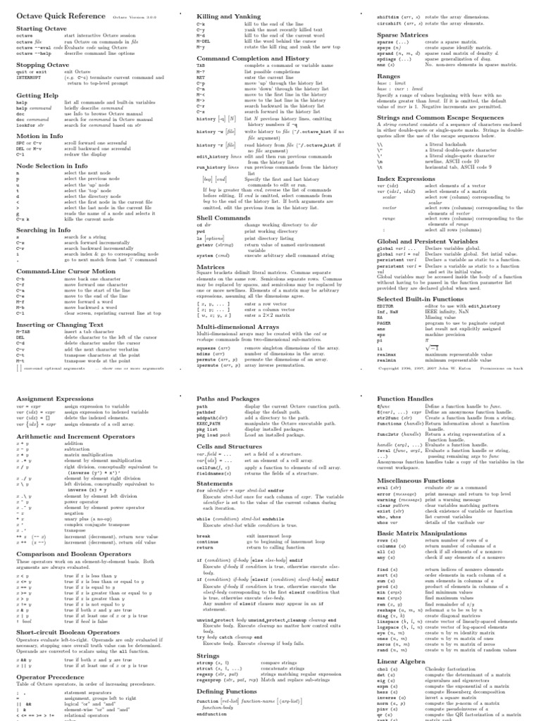 GNU Octave Quick Reference 3.0 | PDF | Matrix (Mathematics) | Command Line Interface