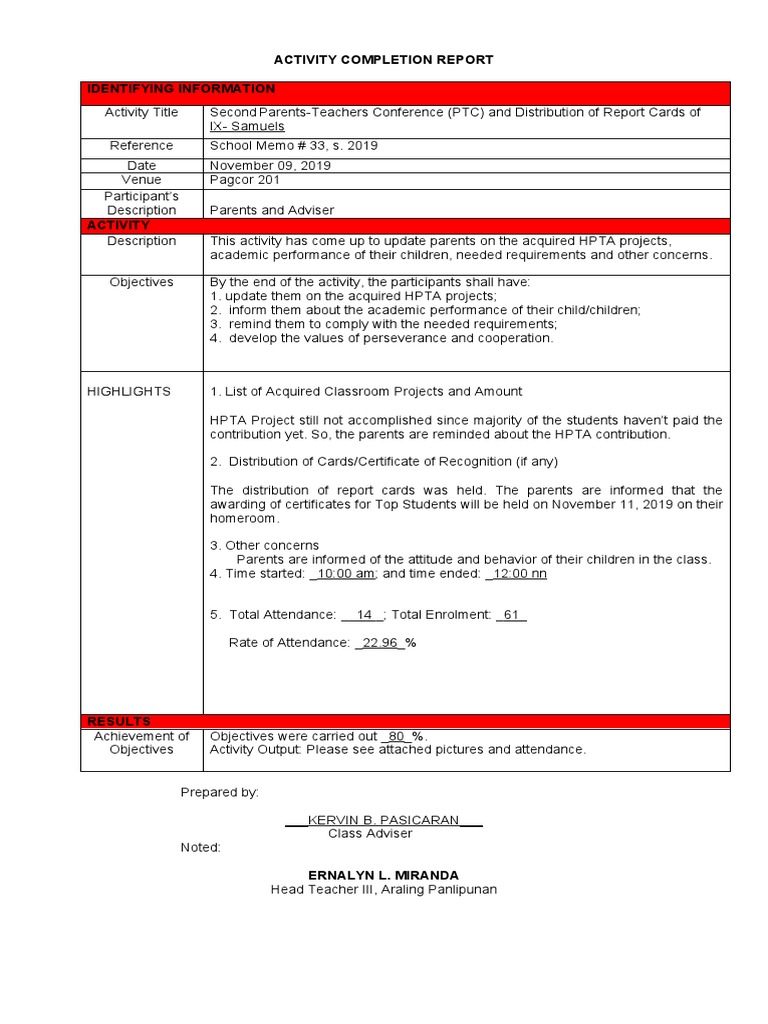 Activity Completion Report Identifying Information | PDF