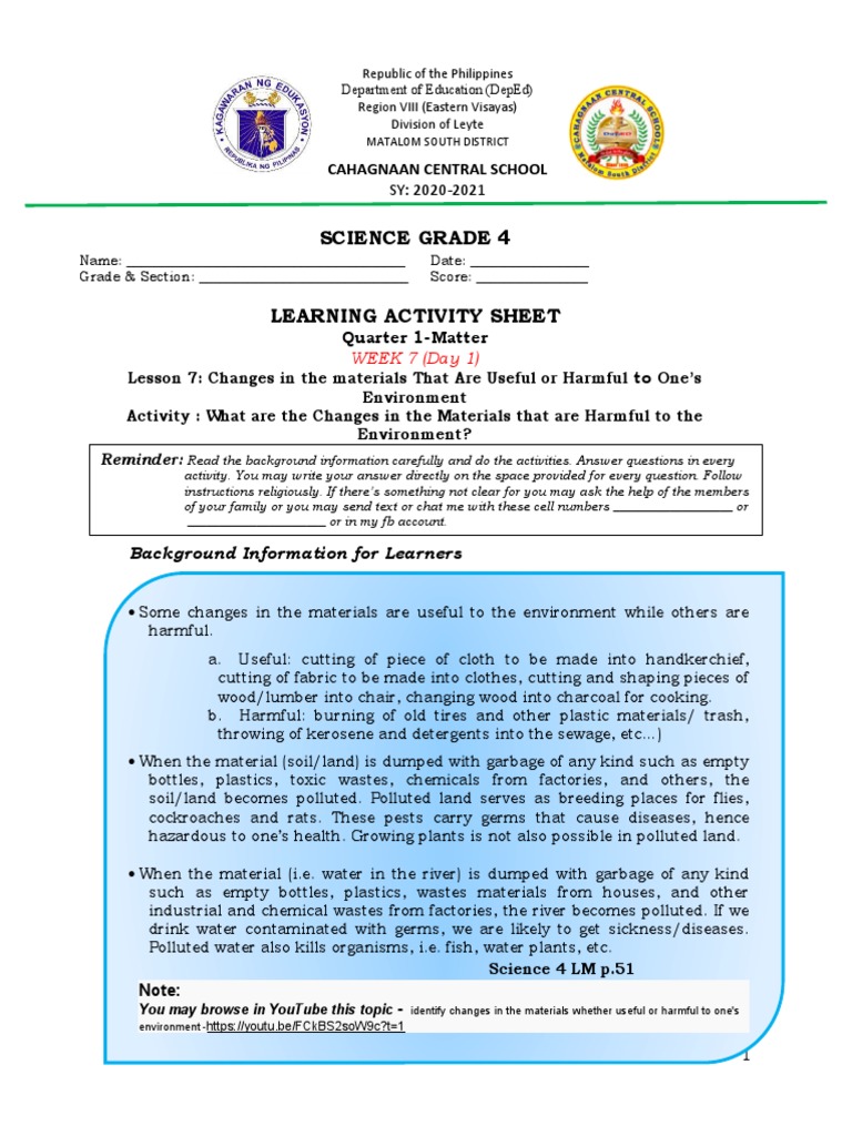 Teacher-Made SCIENCE 4 Q1-Week 7 Activity Sheets With Answer Key | PDF ...