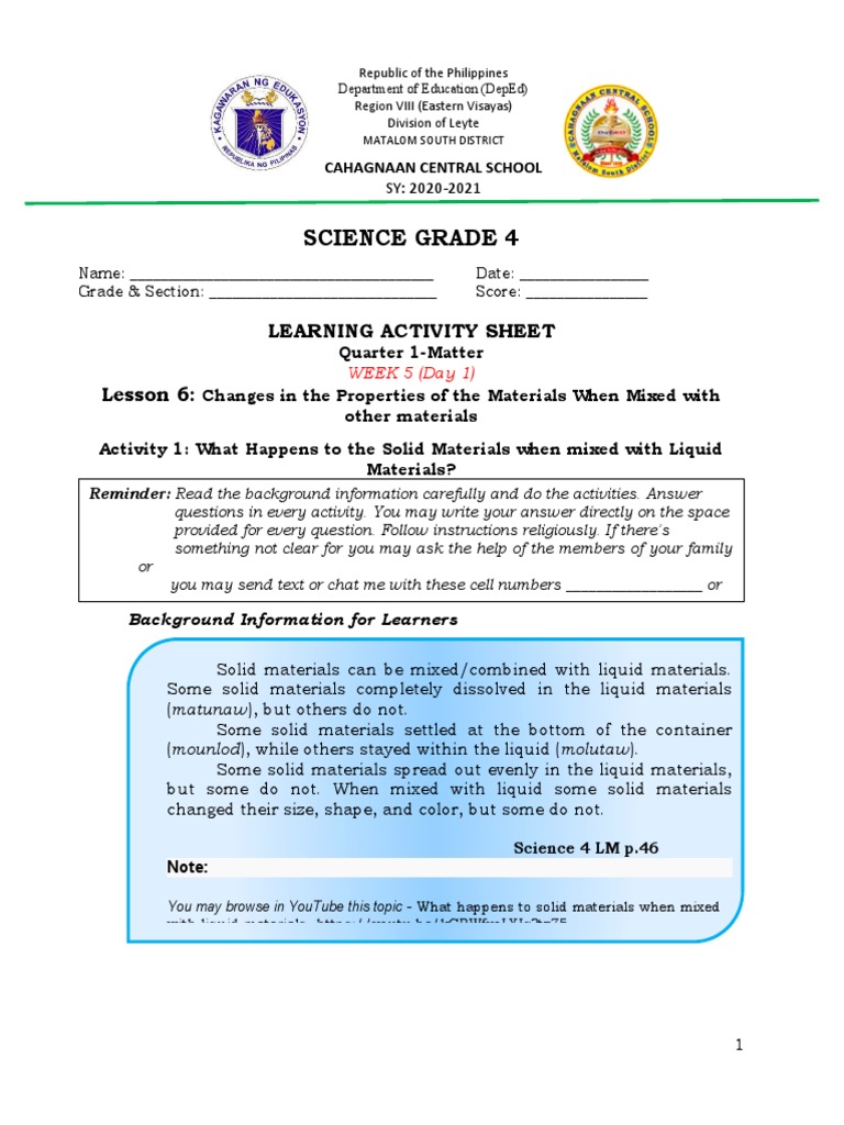 Teacher-Made SCIENCE 4 Q1-Week 5 Activity Sheets With Answer Key | PDF ...