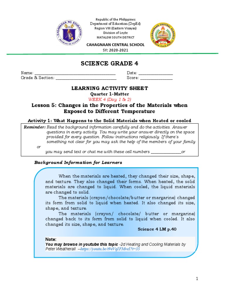 Teacher-Made SCIENCE 4 Q1-Week 4 Activity Sheets With Answer Key | PDF ...