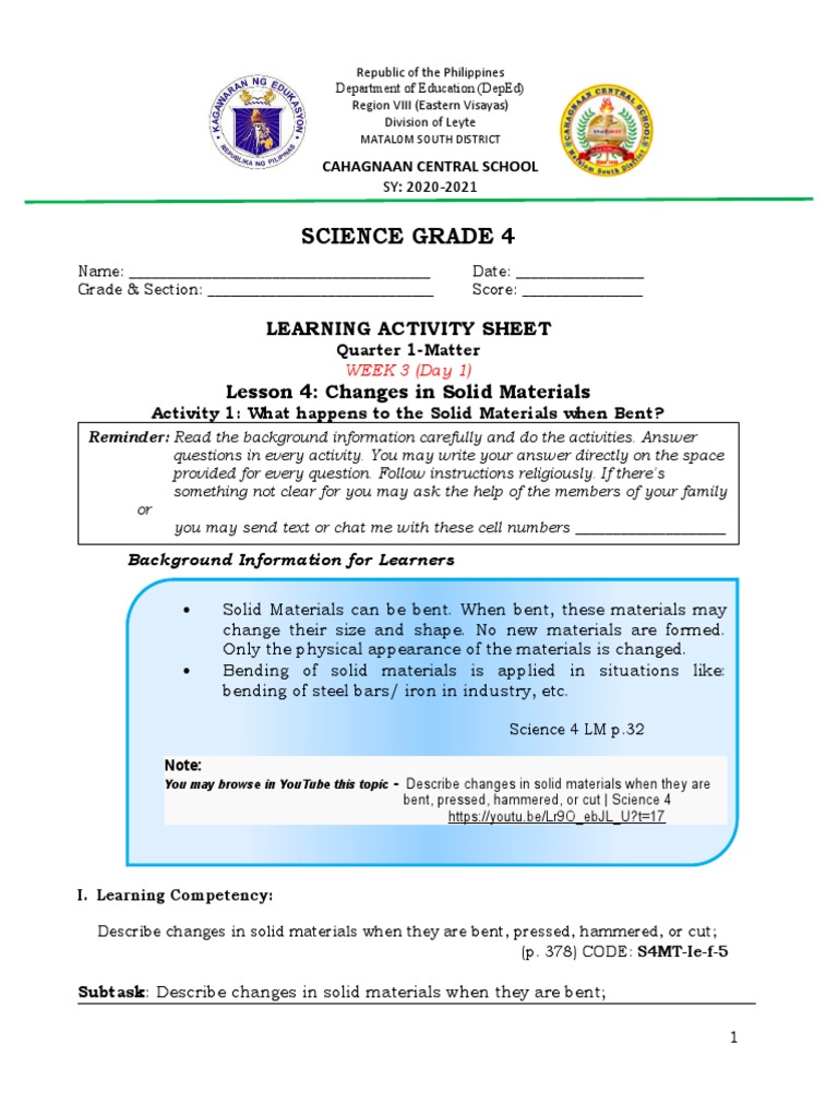 Teacher-Made SCIENCE 4 Q1-Week 3activity Sheets With Answer Key | PDF ...
