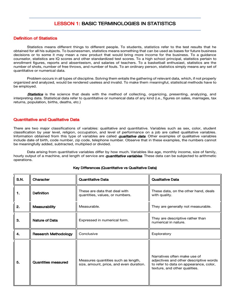 Lesson 1:: Basic Terminologies in Statistics | PDF | Quantitative ...