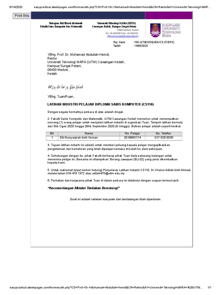 Surat Permohonan Latihan Industri UiTM | PDF